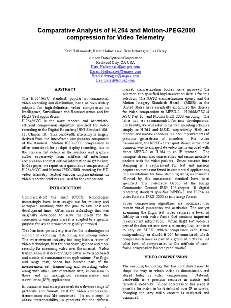 Comparison of H.264 and Motion-JPEG2000 Compression For Video Telemetry Final | PDF | Data ...