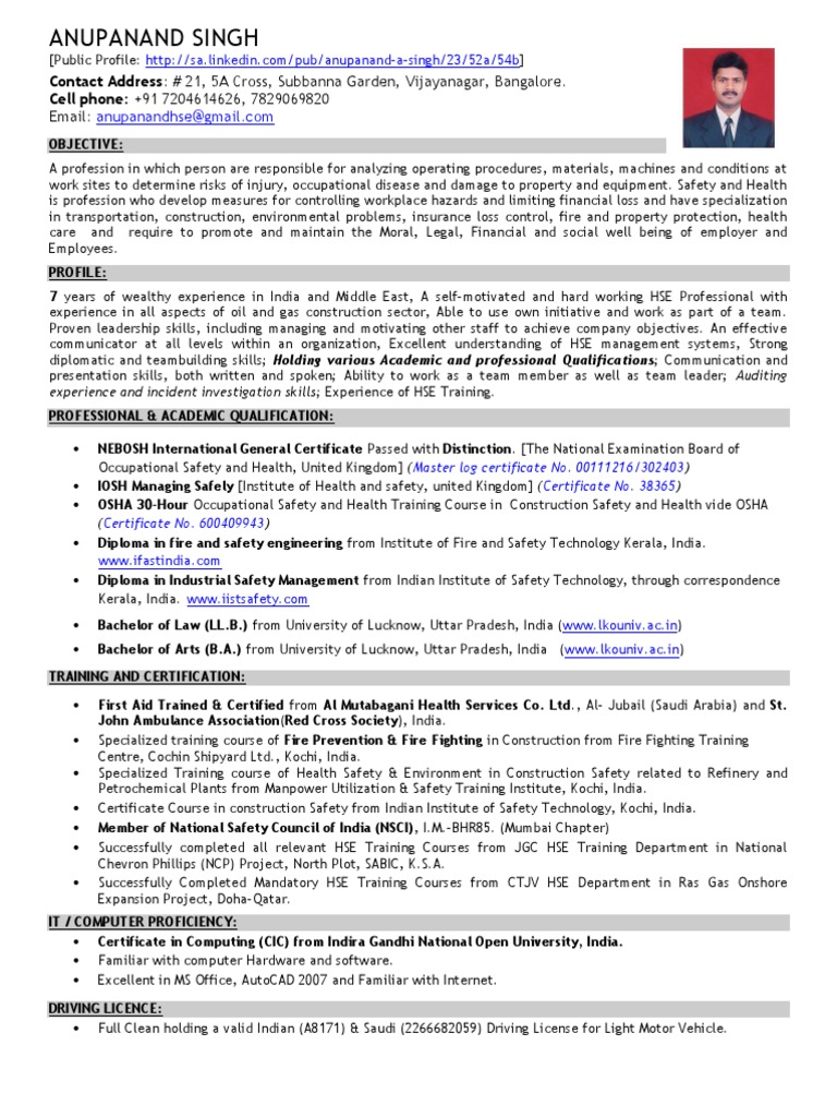 Resume HSE Anup | PDF | Occupational Safety And Health | Safety