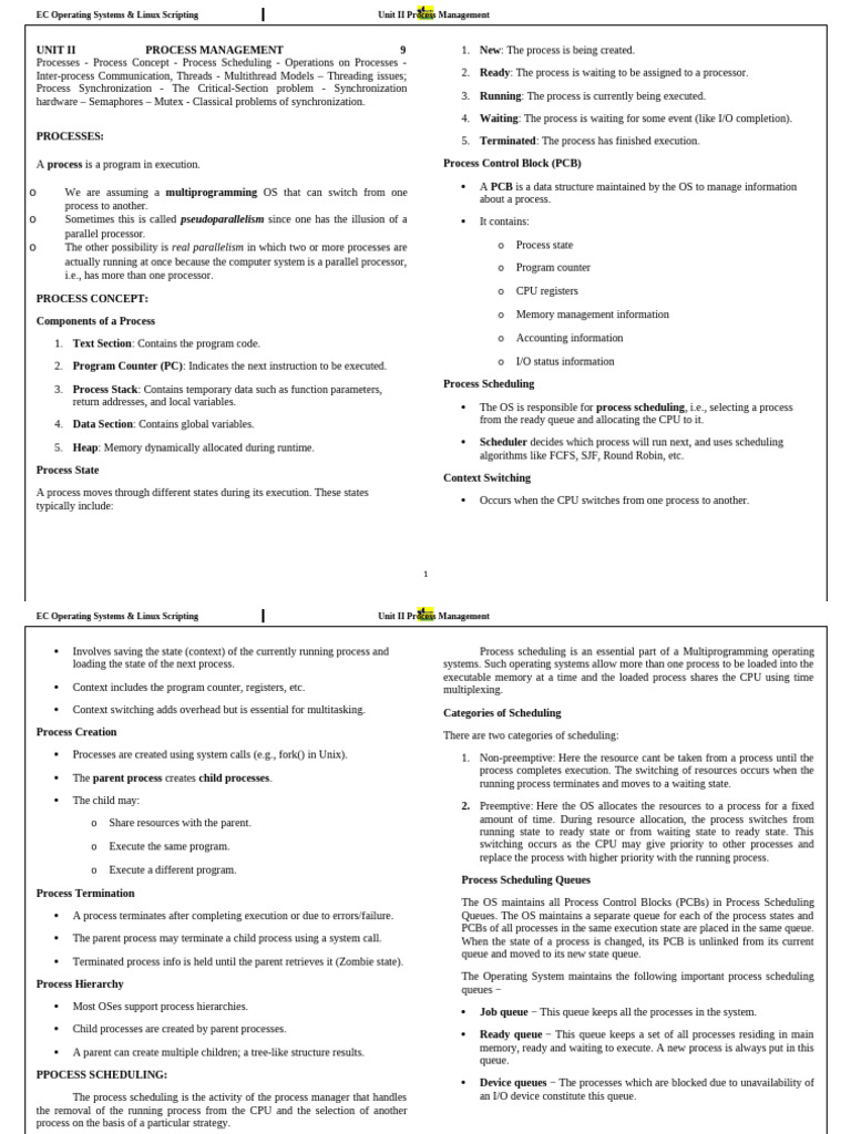 Unit 2 - Process Management | PDF | Process (Computing) | Scheduling ...