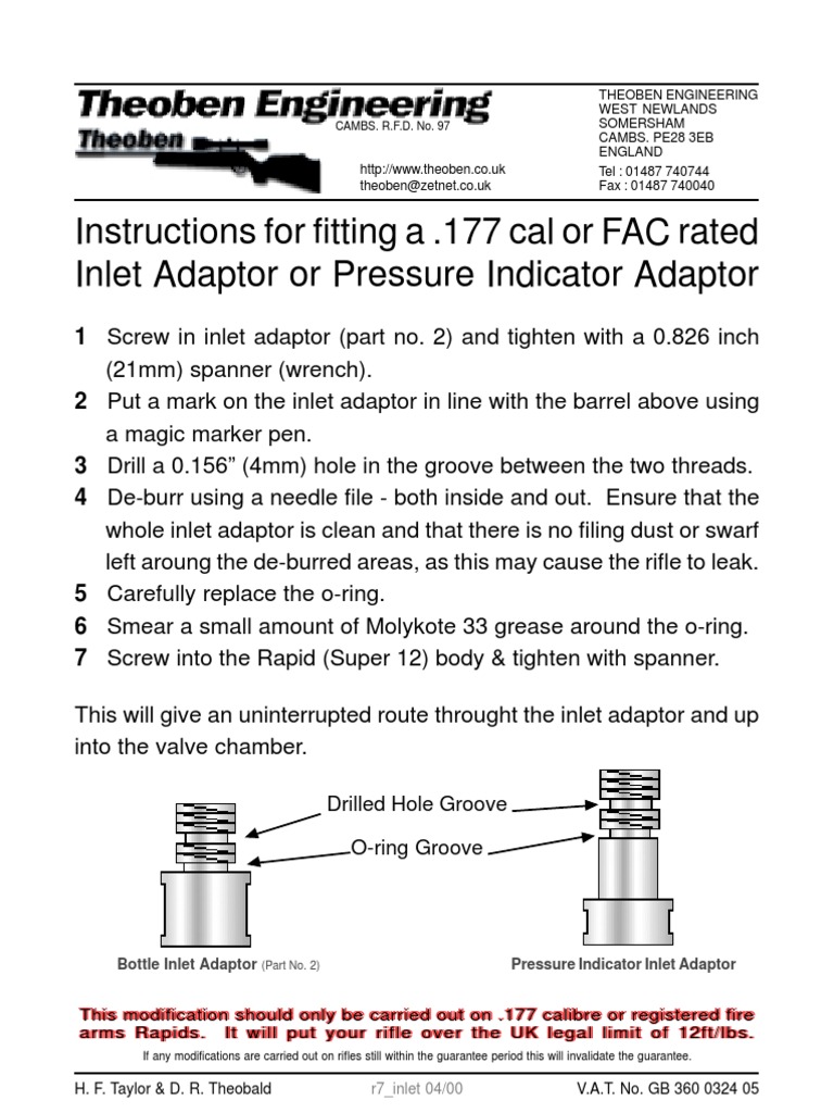 Instruction For Fitting A 177 Cal or Fac Rated Inlet or Pressure ...