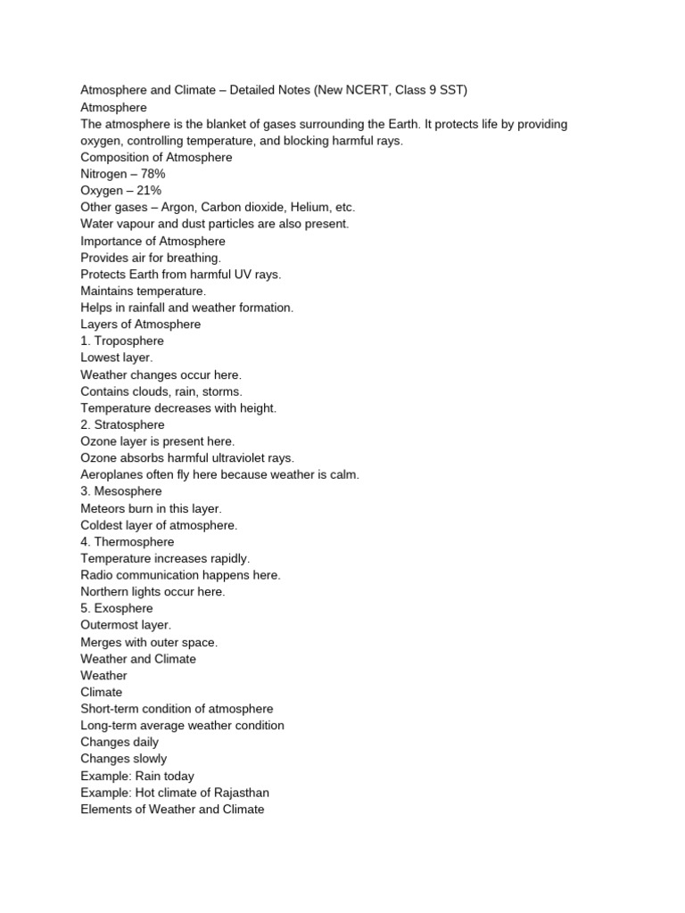 Atmosphere and Climate - Detailed Notes (New NCERT, Class 9 SST) | PDF ...