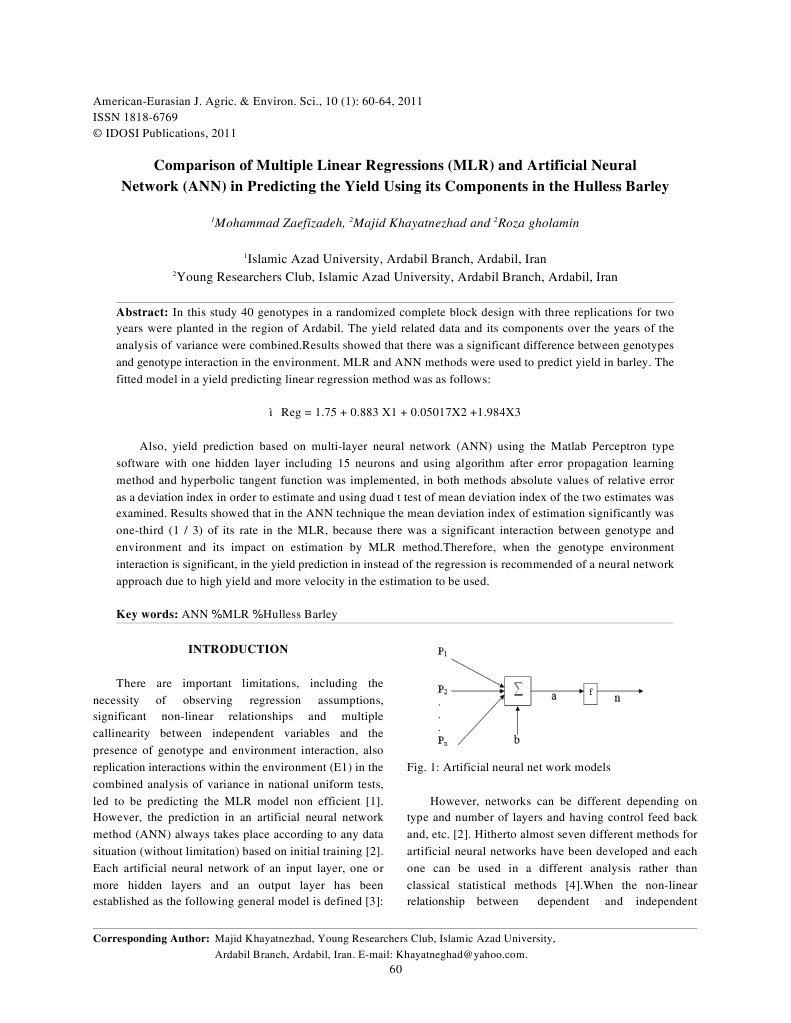 Comparison of Multiple Linear Regressions (MLR) and Artificial Neural Network (ANN) in ...