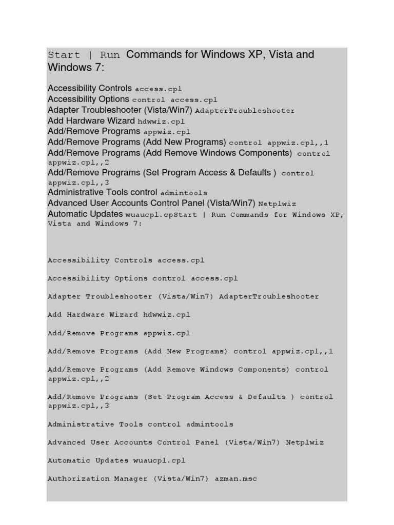 Commands For Windows XP, Vista and Windows 7:: Start - Run | PDF