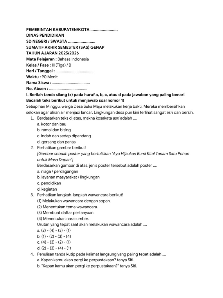 Soal SAS Bahasa Indonesia Kelas 3.Md | PDF