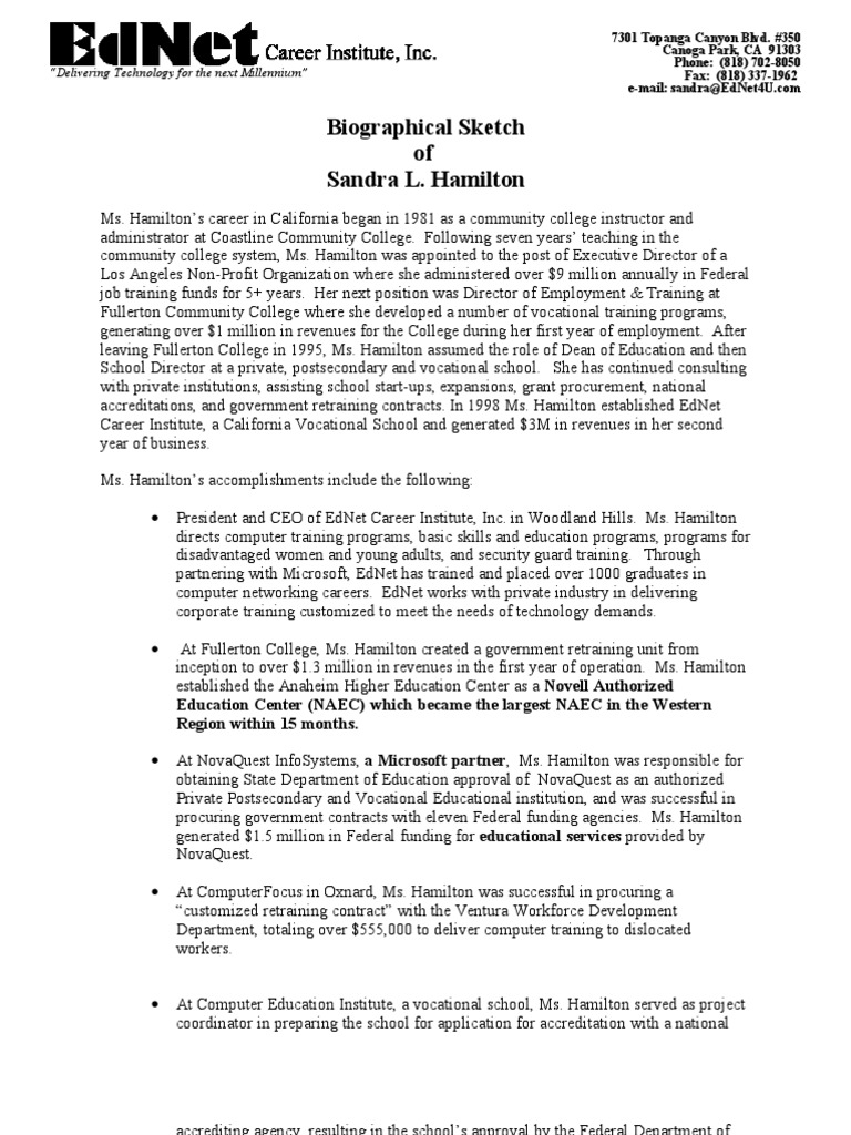 Sandra Hamilton Biography | PDF | Community College | Vocational Education