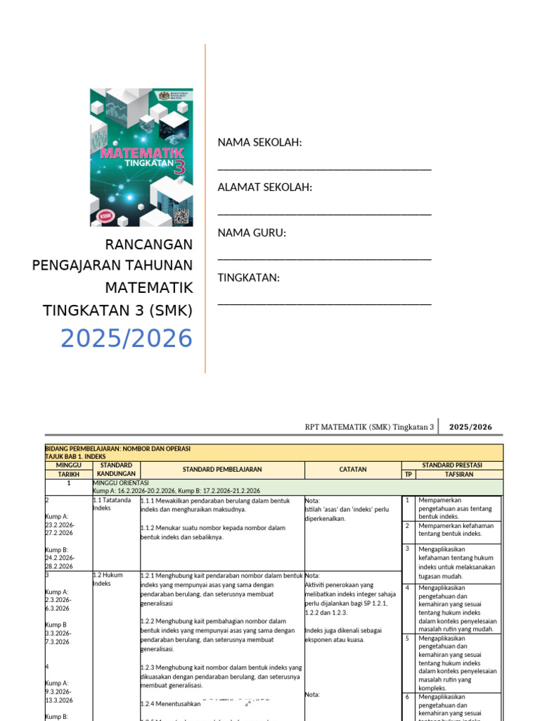Rpt Matematik Tingkatan 3 2026 | PDF