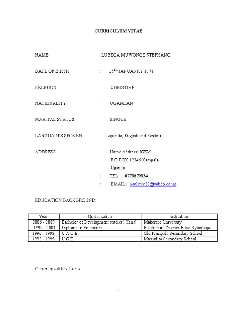 Muwonge Stephano Curriculum Vitae | PDF | Uganda | Secondary School
