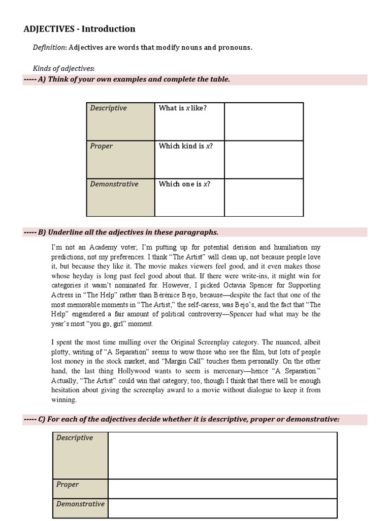 ADJECTIVES - Introduction: Definition: Adjectives Are Words That Modify ...