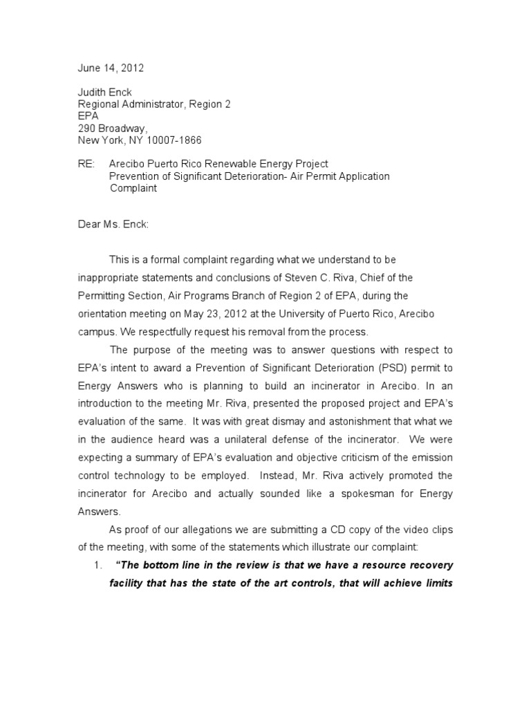 Carta Epa Complaint Riva Final, June 14 2012 | PDF | United States ...