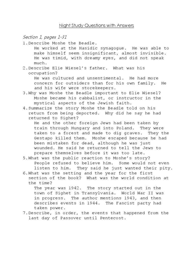 Night Study Questions With Anwers | PDF | Auschwitz Concentration Camp ...