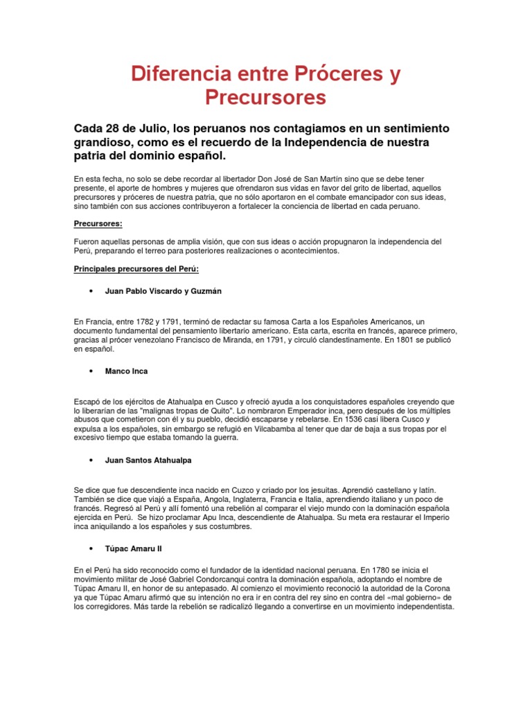 Diferencia Entre Próceres y Precursores | PDF | América del Sur | Perú