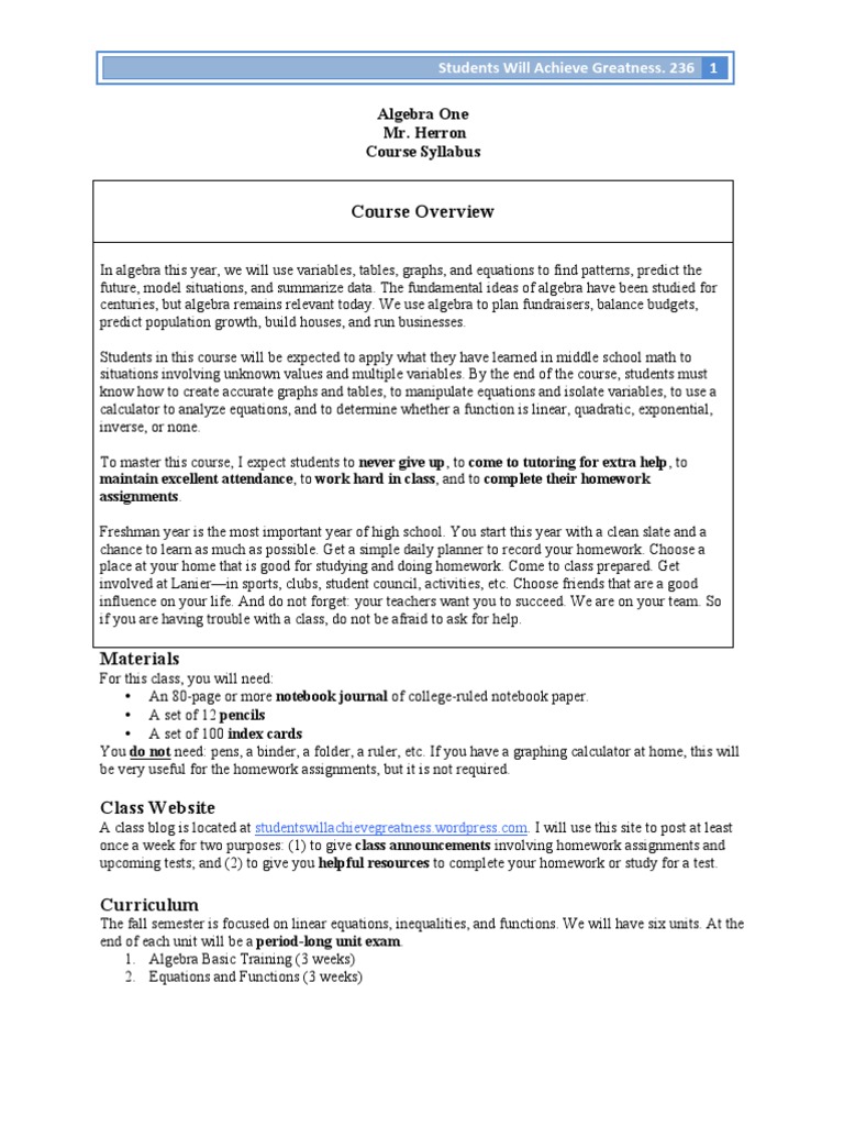 Algebra 1 Syllabus | PDF | Equations | Algebra