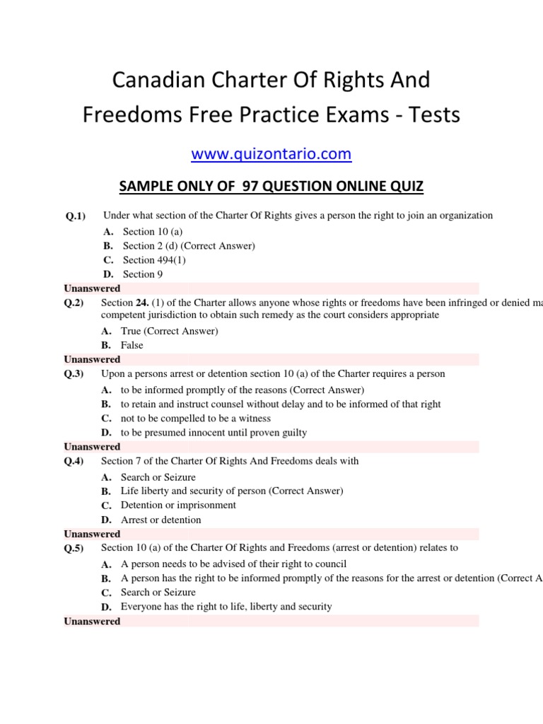 Canadian Charter of Rights and Freedoms Free Practice Exams - Tests ...