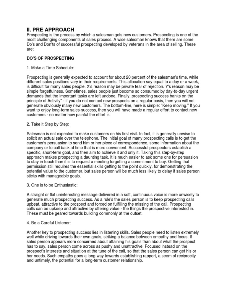 Ii. Pre Approach: Do'S of Prospecting | PDF | Jargon | Sales