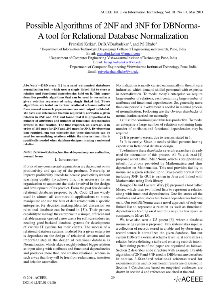 Possible Algorithms Of 2nf And 3nf For Dbnorma A Tool For Relational Database Normalization