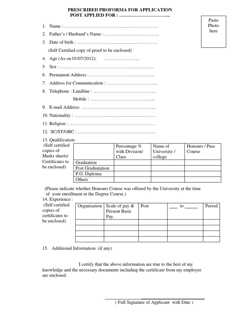 Application Form Proforma Template | PDF