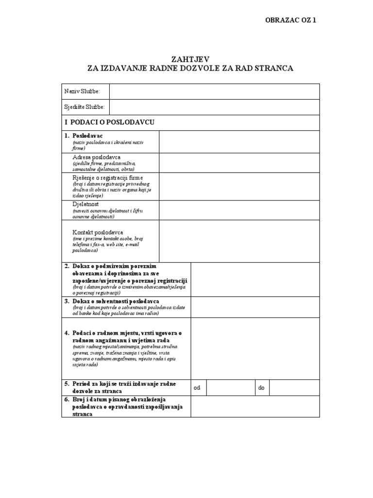 Zahtjev Za Izdavanje Radne Dozvole Strancu | PDF