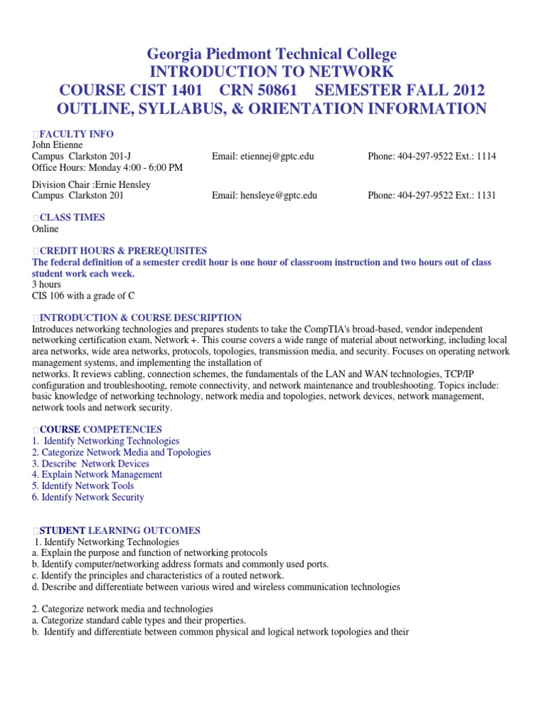 Georgia Piedmont Technical College Introduction To Network Course Cist ...