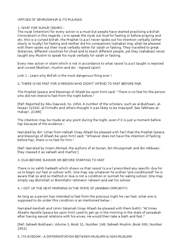 The Sahur, Fasting and Iftar | PDF | Sahabah | Hadith