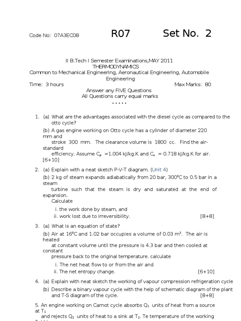 JNTU Previous Paper Questions Thermodynamics | PDF | Enthalpy | Heat