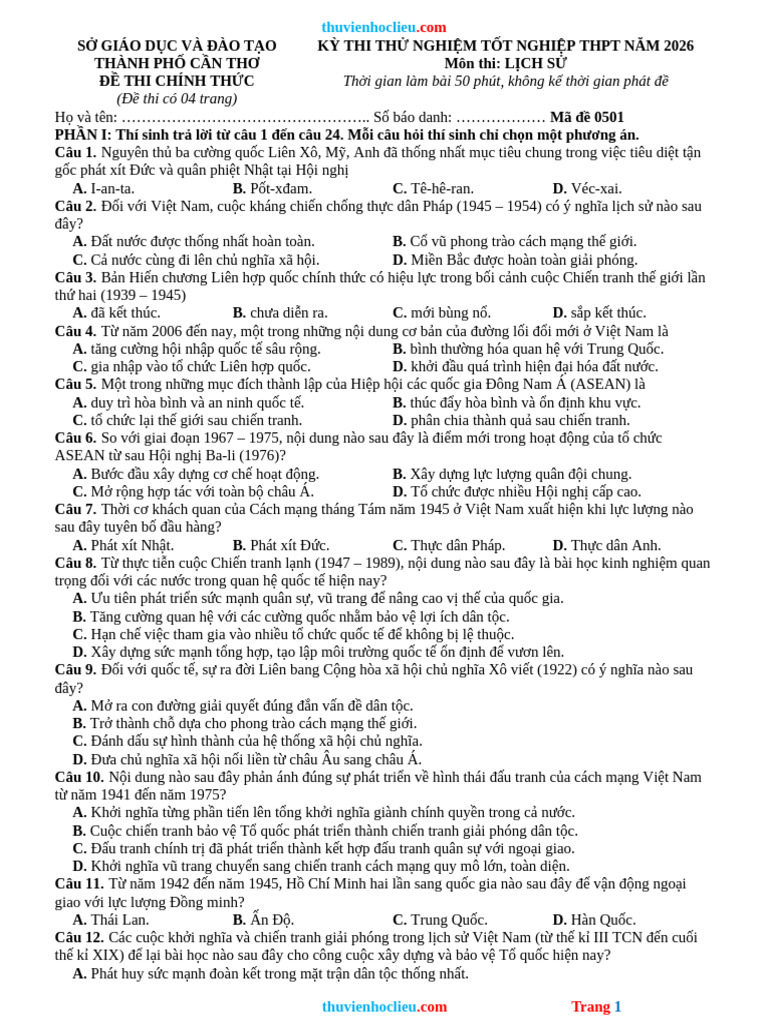 De Thi Thu Tot Nghiep 2026 Lich Su So GD Can Tho | PDF