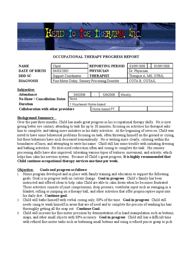 Child OT Progress Report: Mar-May 2008 | PDF | Sensory Processing ...