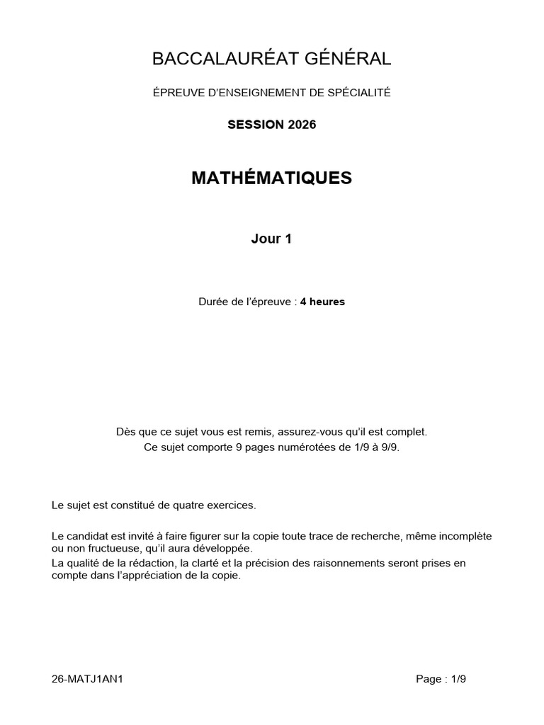 Sujet du Bac 2026 - Amérique du Nord - Maths spé (jour1) | PDF