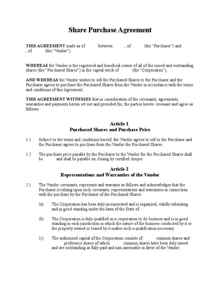 Share Purchase Agreement Template | PDF | Indemnity | Securities (Finance)