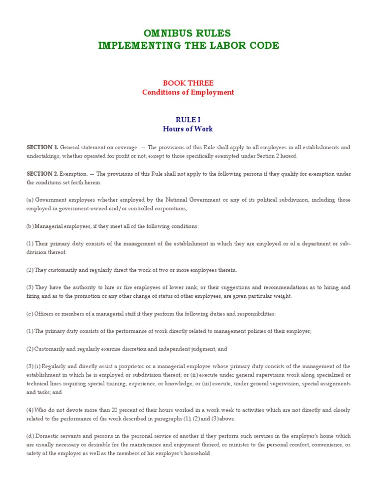 Omnibus Rules Implementing The Labor Code - Book 3 | PDF | Overtime ...