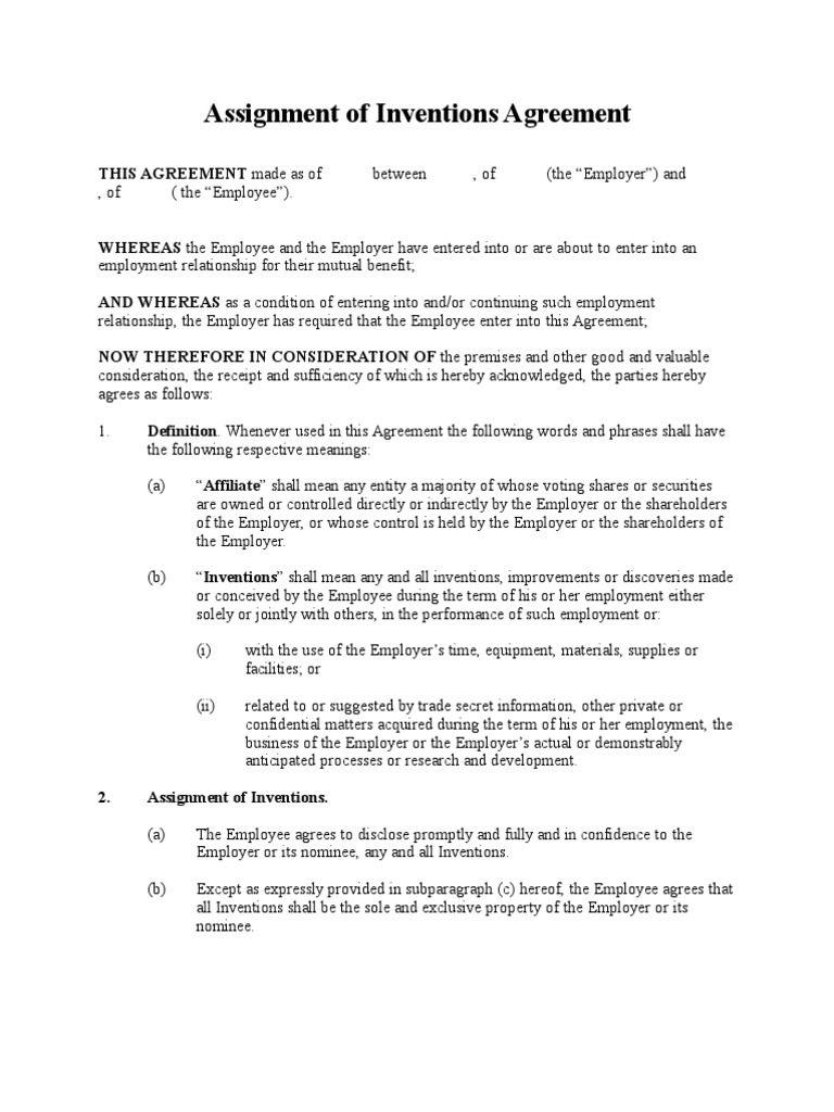 Assignment of Inventions Agreement | PDF | Trade Secret | Employment