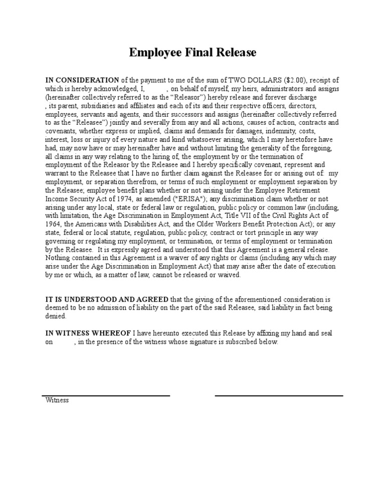 Final Release From Employee To Employer | PDF | Employment | Virtue