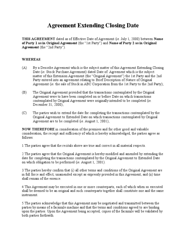 Closing Date Extension Agreement | PDF | Contractual Term | Civil Law ...