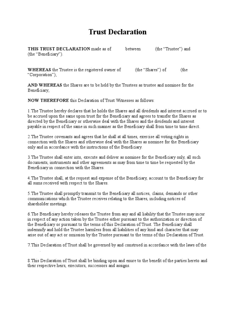 Trust Declaration for Shareholder Nominee | PDF | Trust Law | Trustee