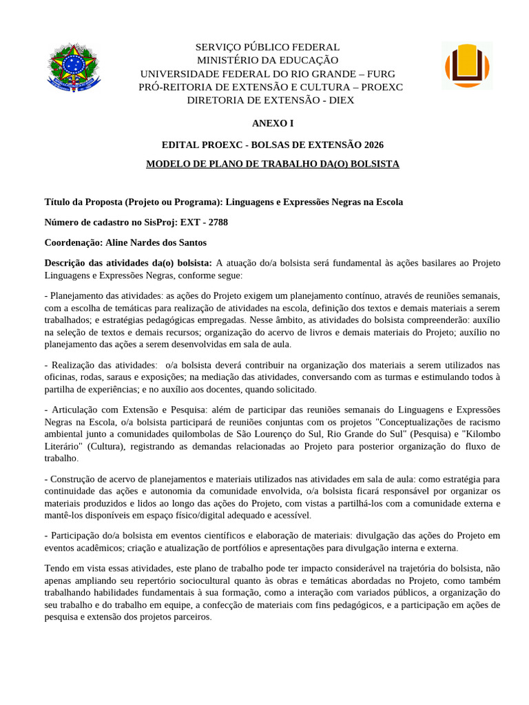 Anexo i (Plano de Trabalho Da_o Bolsista 2026 | PDF | Planejamento