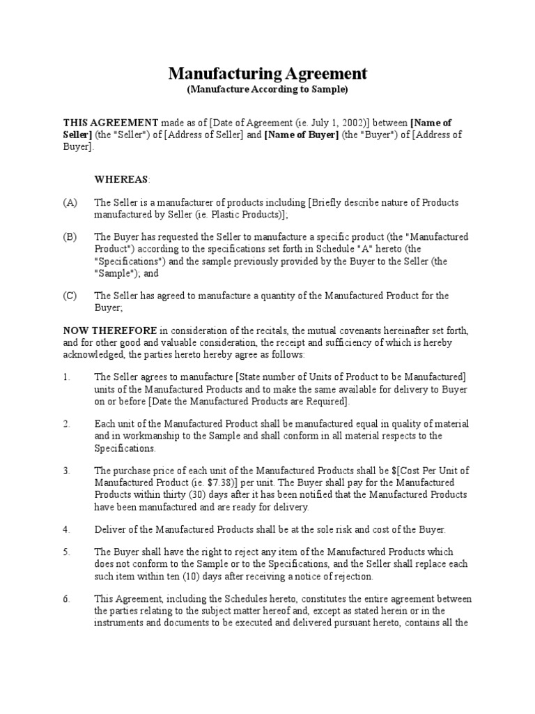Manufacturing Agreement (According To Sample) | PDF | Sales ...