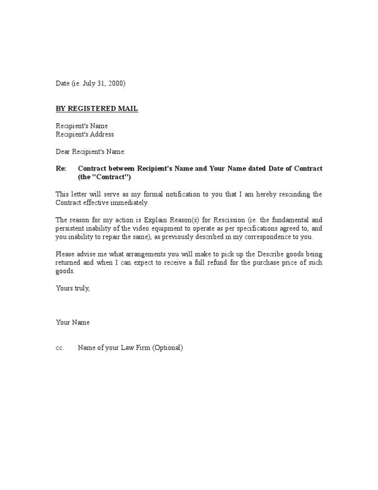 Notice of Rescission of Contract | PDF | Civil Law (Legal System ...