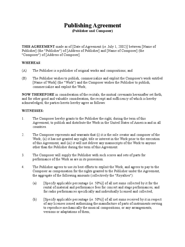Publishing Agreement (Publisher and Composer) | PDF | Royalty Payment ...