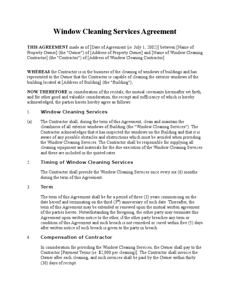 Window Cleaning Services Agreement | PDF | Indemnity | Virtue