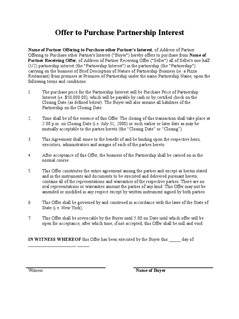Partnership Interest Purchase Offer | PDF | Partnership | Legal Concepts