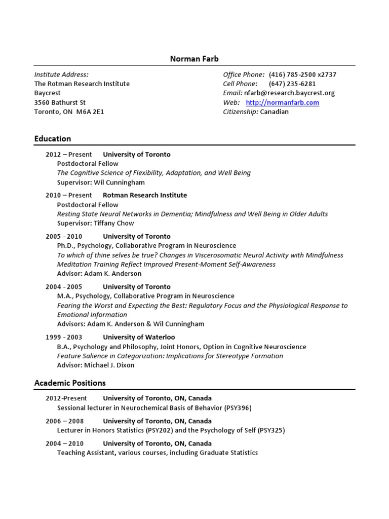 CV For Norman Farb | PDF | Mindfulness | Neuroscience