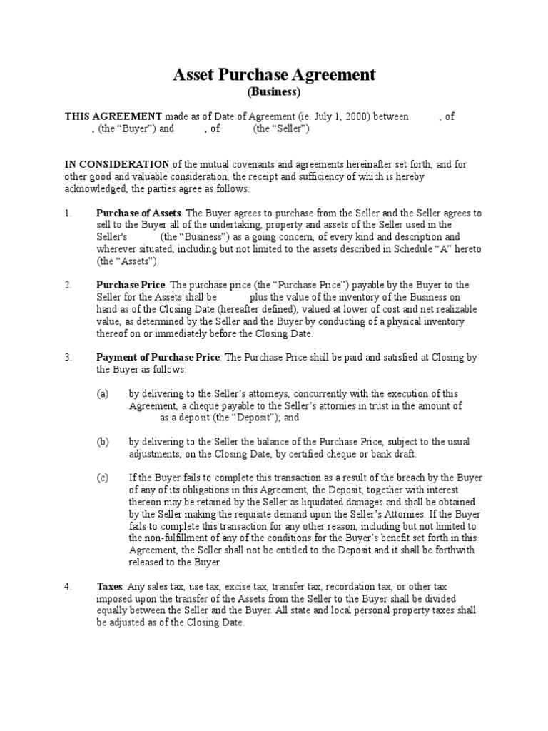 Asset Purchase Agreement (Business - Long Form) | PDF | Lease | Taxes