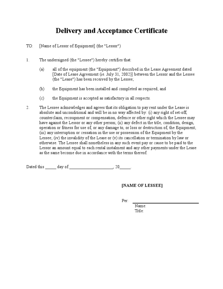 Delivery and Acceptance Certificate
