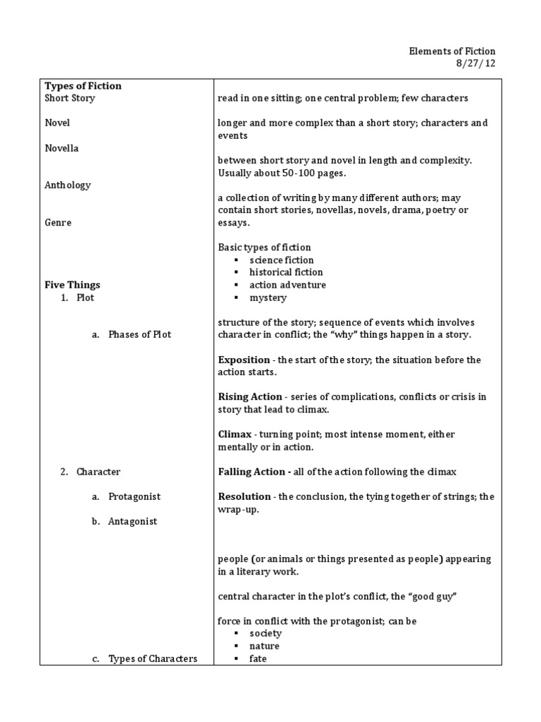 Cornell Notes Elements of Fiction | PDF | Plot (Narrative) | Action Films