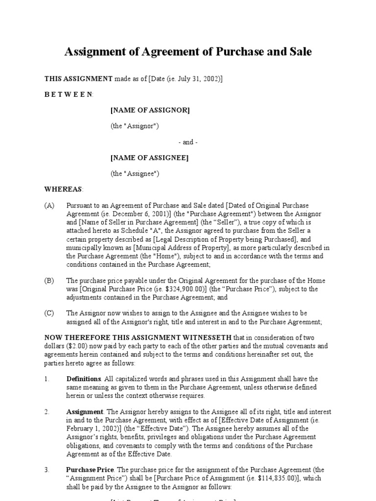 Assignment of Agreement of Purchase and Sale | Assignment (Law) | Legal ...