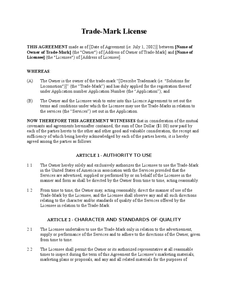 Trademark License Agreement Template | PDF | Trademark | License
