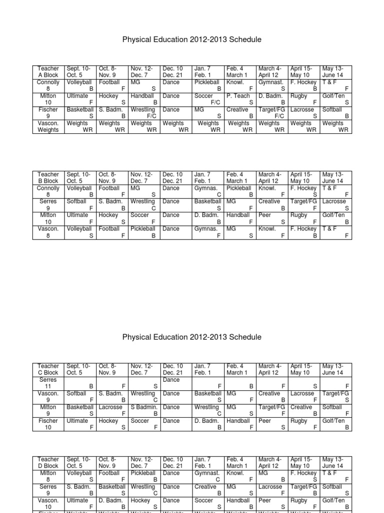 PE Schedule 2012-2013 | PDF | Athletic Sports | Summer Sports