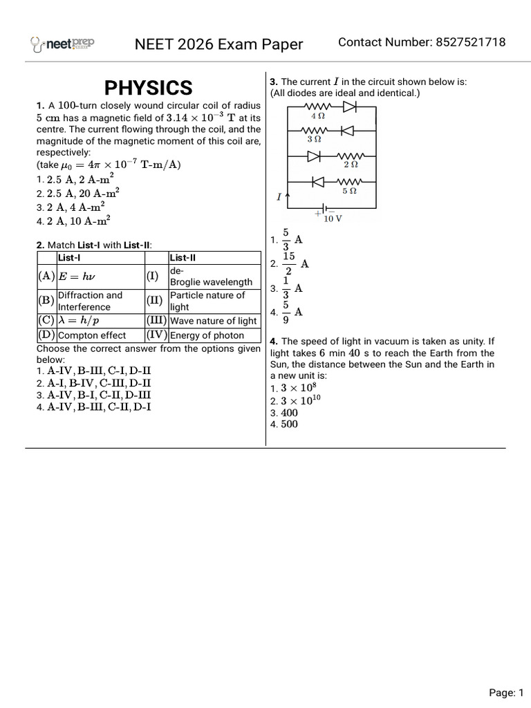 Neet 2026 Exam Paper | PDF | Capacitor | Energy Level