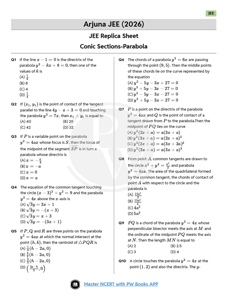 Conic Sections_Parabola _ Practice Sheet (JEE Replica Sheet) | PDF ...