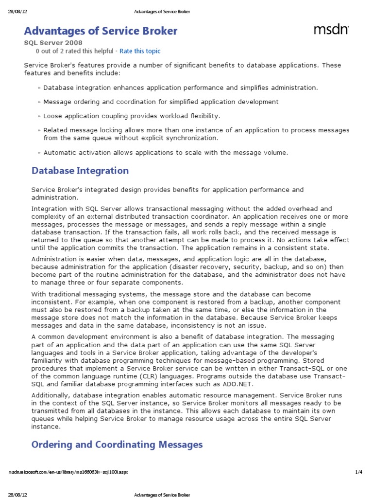 Advantages of Service Broker | PDF | Database Transaction | Databases