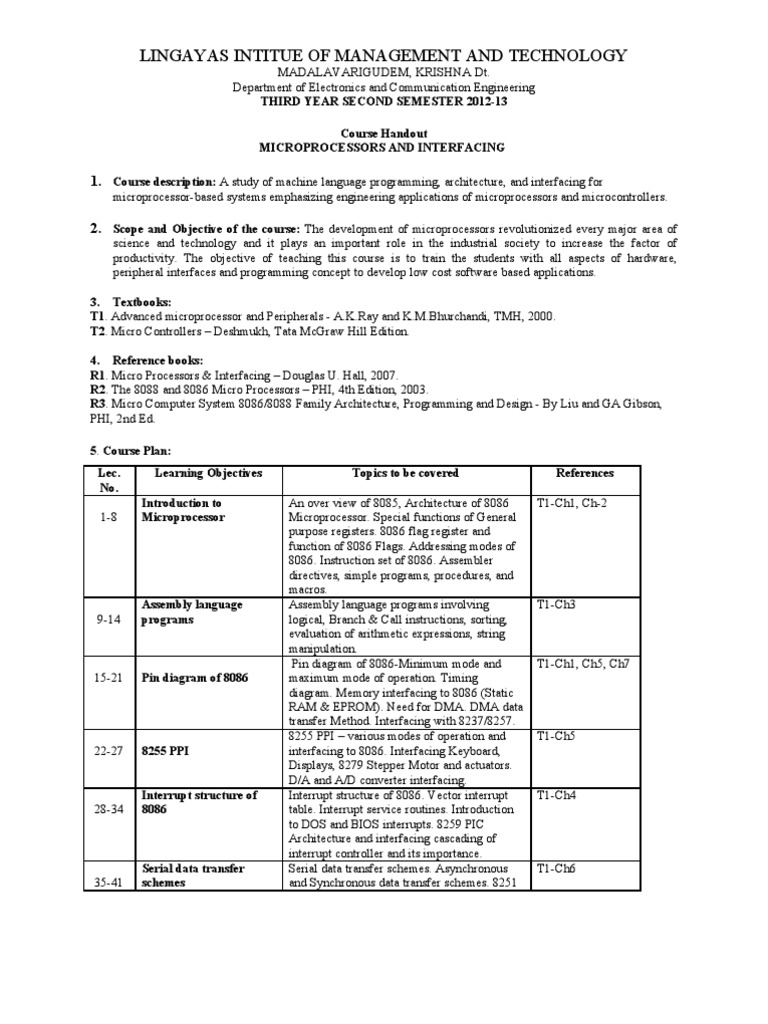 LINGAYAS INTITUE MICROPROCESSORS AND INTERFACING COURSE HANDBOOK | PDF | Microcontroller ...
